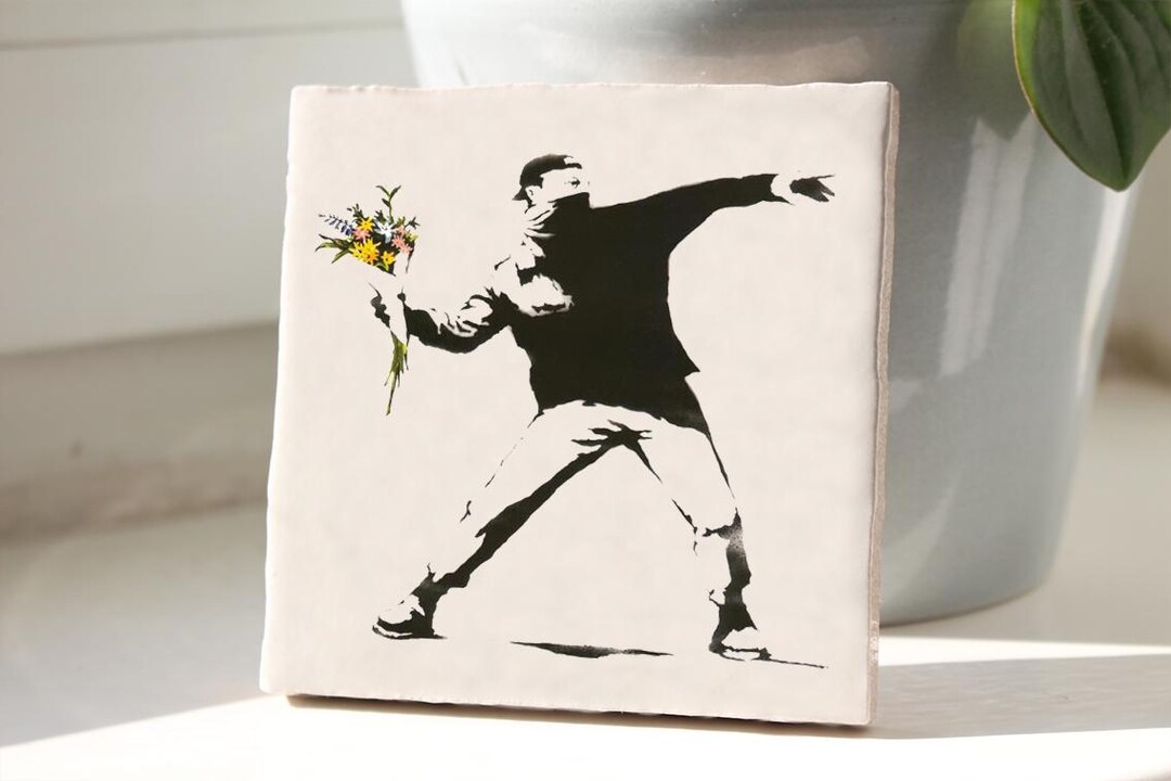 Pop Art Ceramic Tile: Bansky Flower Thrower, Handmade Ceramic Art, Home ...