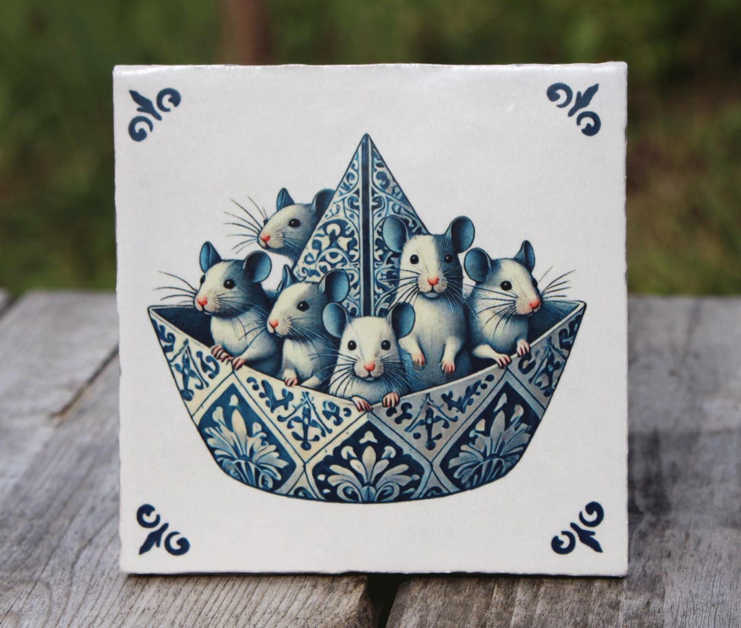Delft Blue Ceramic Tile: Mice in a Paper Boat | Modern Dutch Design ...