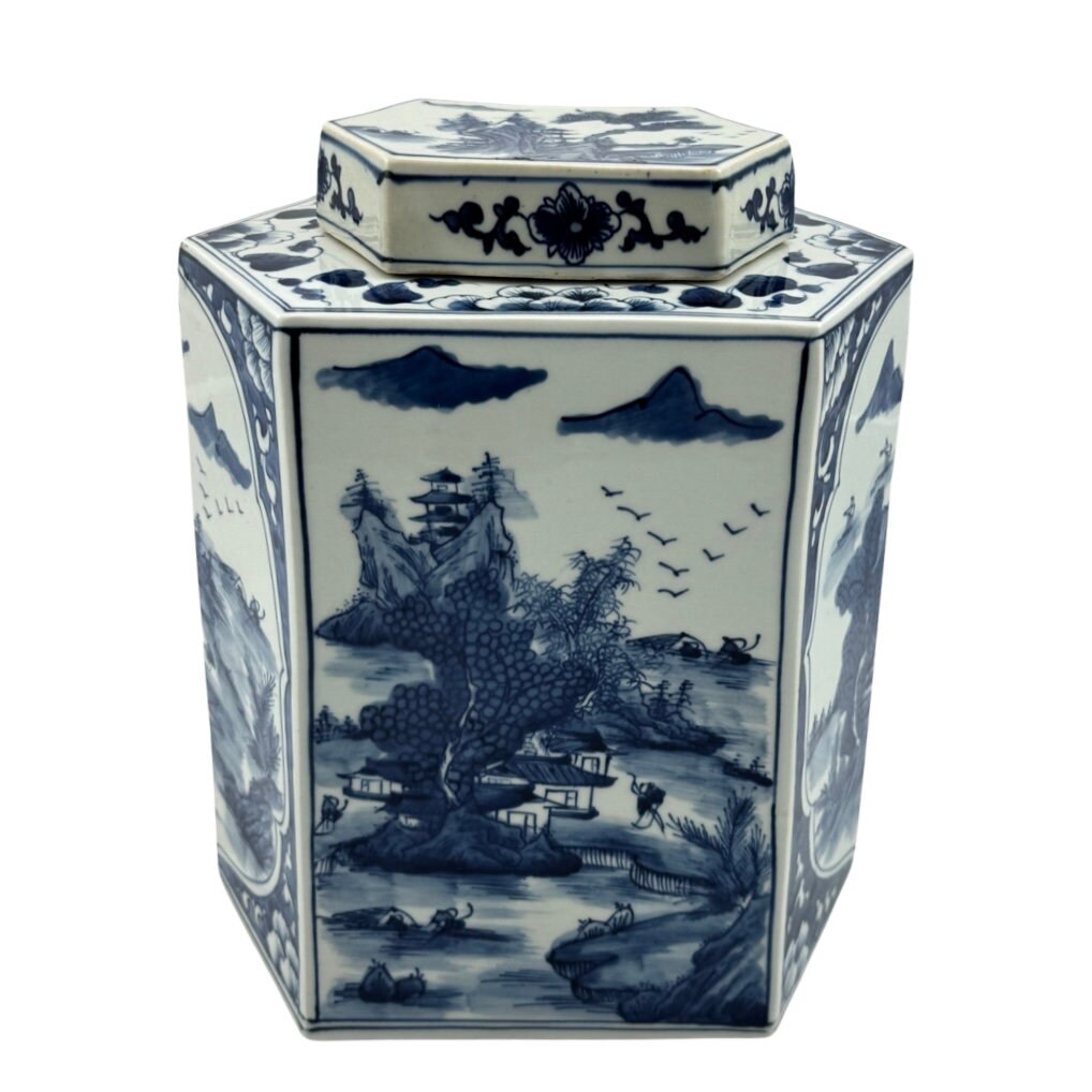 Flat Hexagon Jar River Village Scene Blue&white - Etsy
