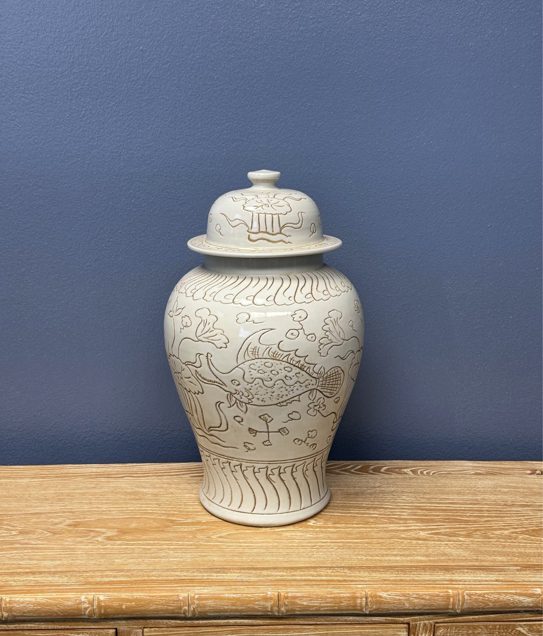 Hand Carved Porcelain Temple Jar Fish Motif - Etsy