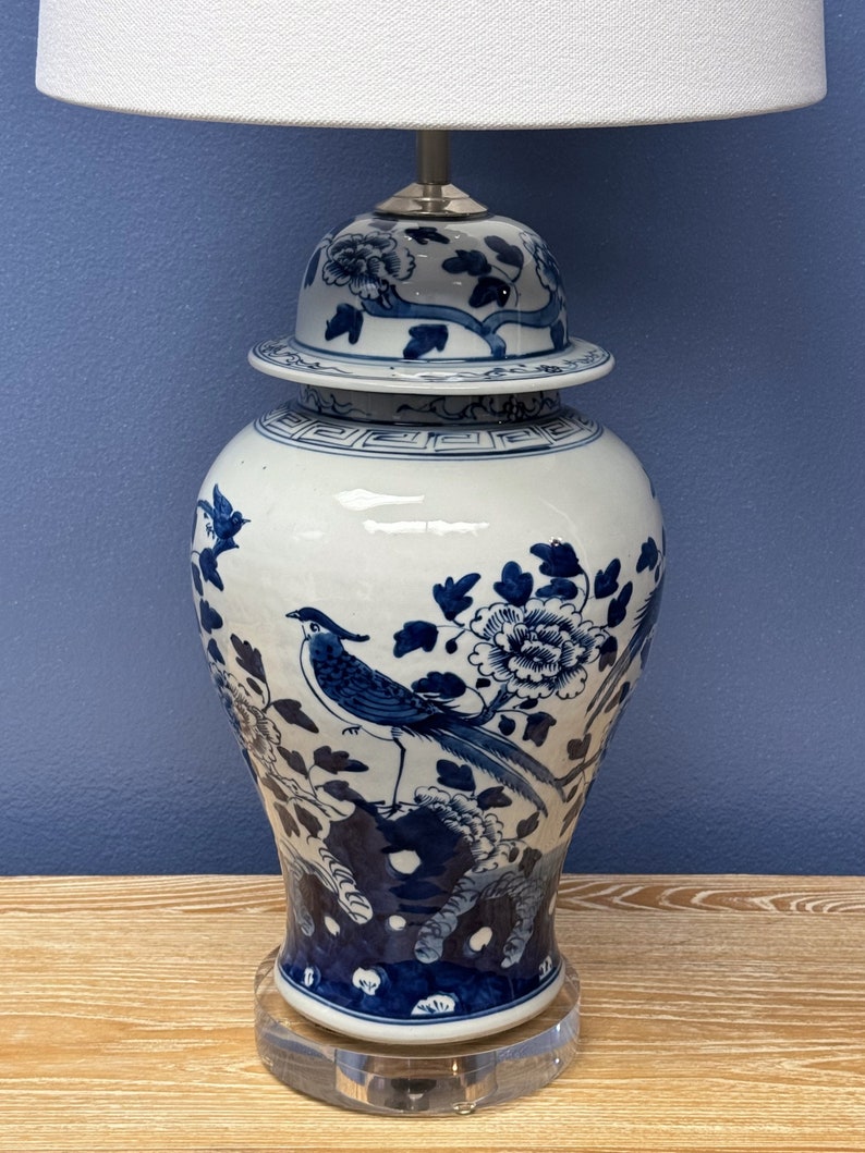 Handmade Lamp Pheasant Flowers Motif Acrylic Riser Blue&white - Etsy