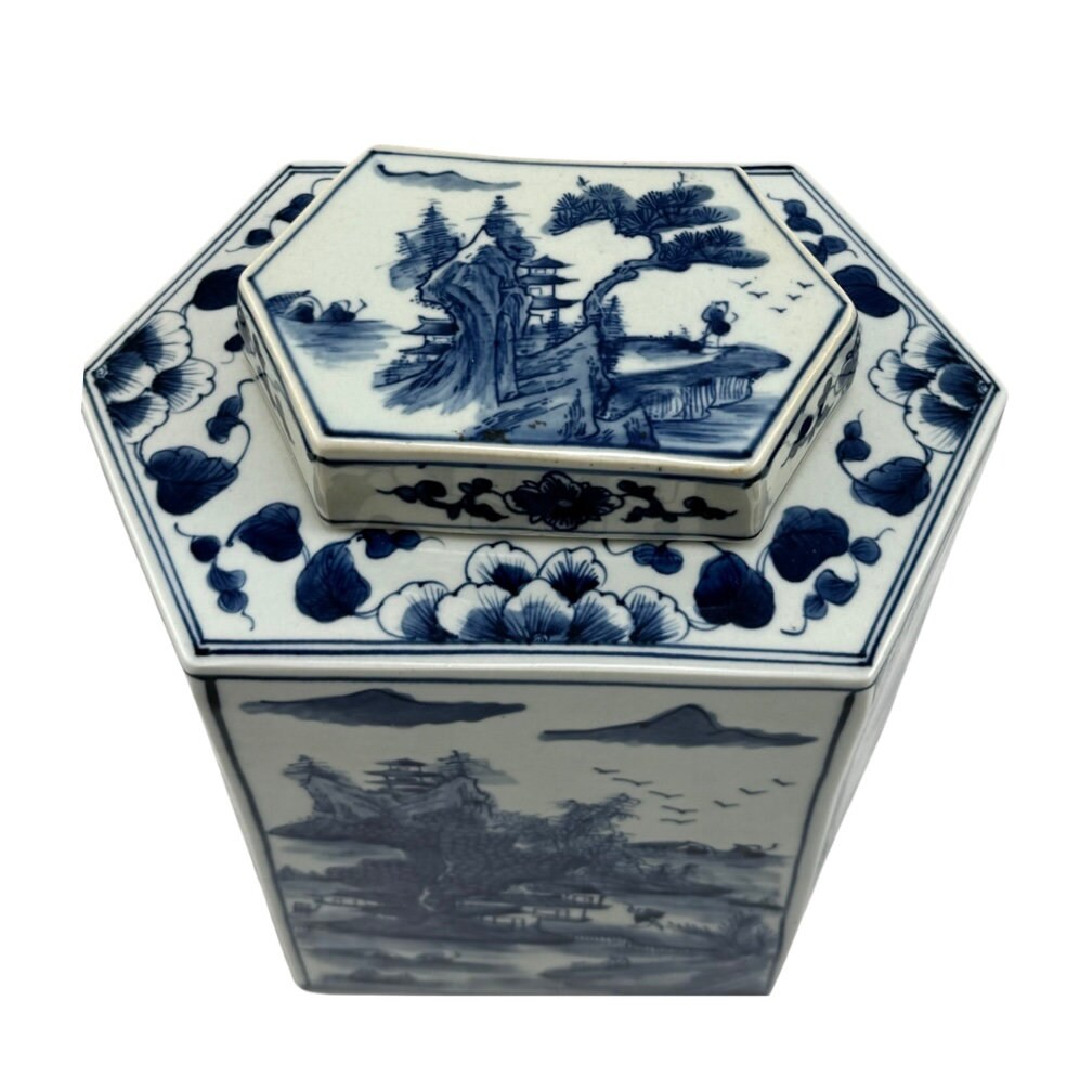 Flat Hexagon Jar River Village Scene Blue&white - Etsy