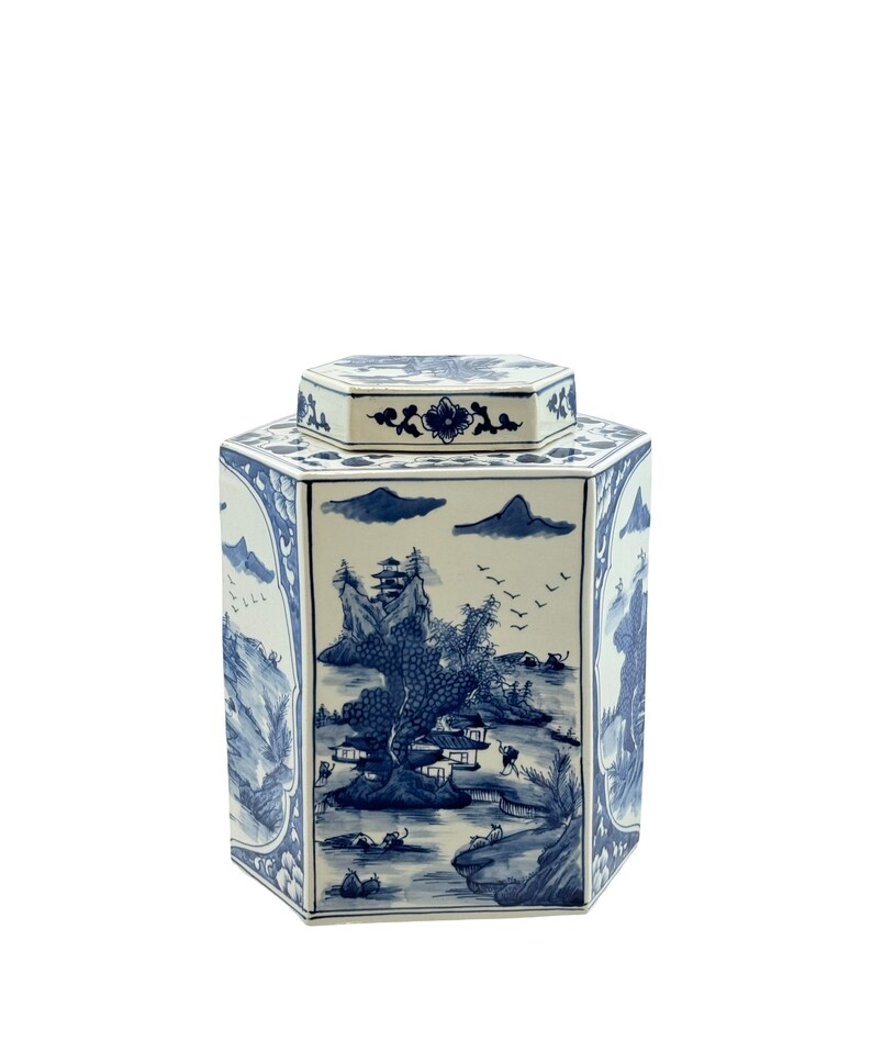 Flat Hexagon Jar River Village Scene Blue&white - Etsy