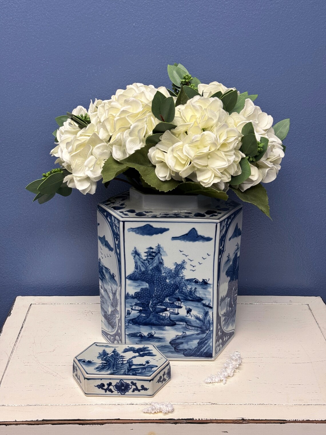 Flat Hexagon Jar River Village Scene Blue&white - Etsy