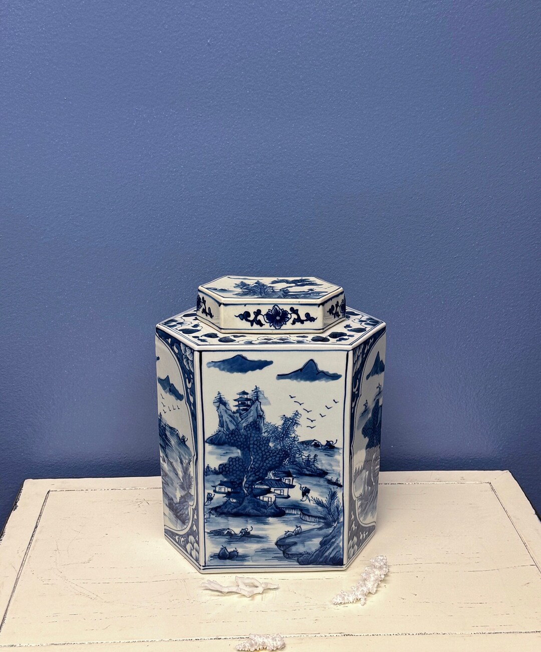 Flat Hexagon Jar River Village Scene Blue&white - Etsy