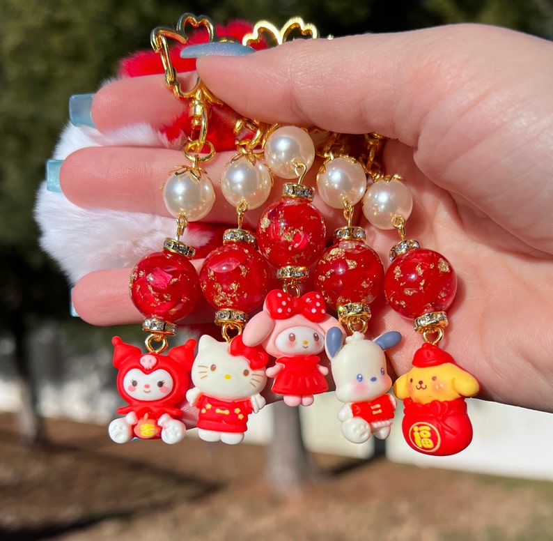 Sansan Chinese New Year Keychain Handmade Beaded Sakura Clasp Pochacco ...