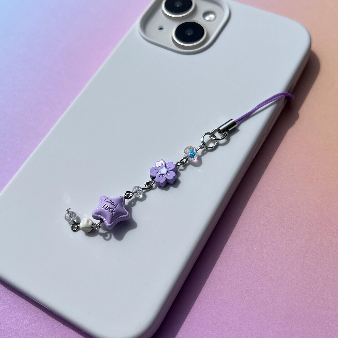 Good Luck ! Phone Charm Handmade Purple Keychain Beaded Cute Kawaii ...