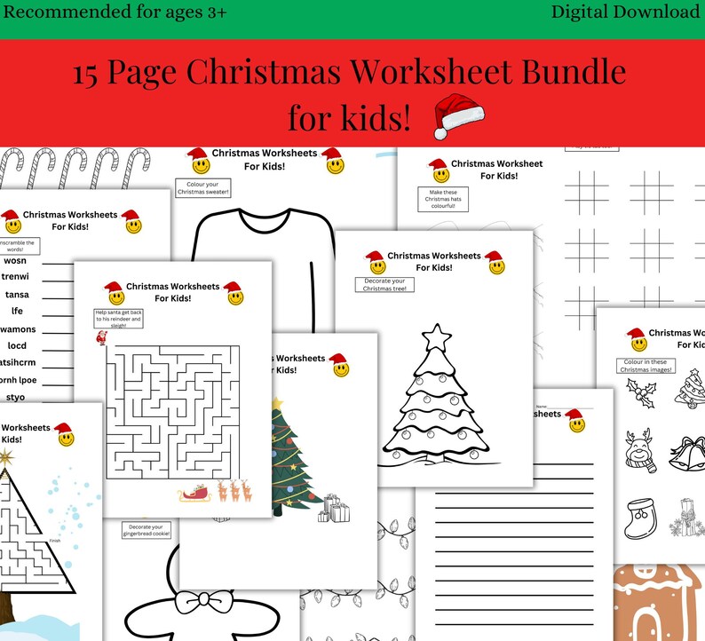 15 Printable Christmas Worksheets for Kids/christmas Activity Pages/fun ...