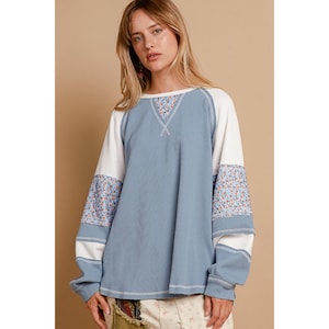 Moon Glow Color Block Long Sleeve Thermal Top With Floral Contrast in ...