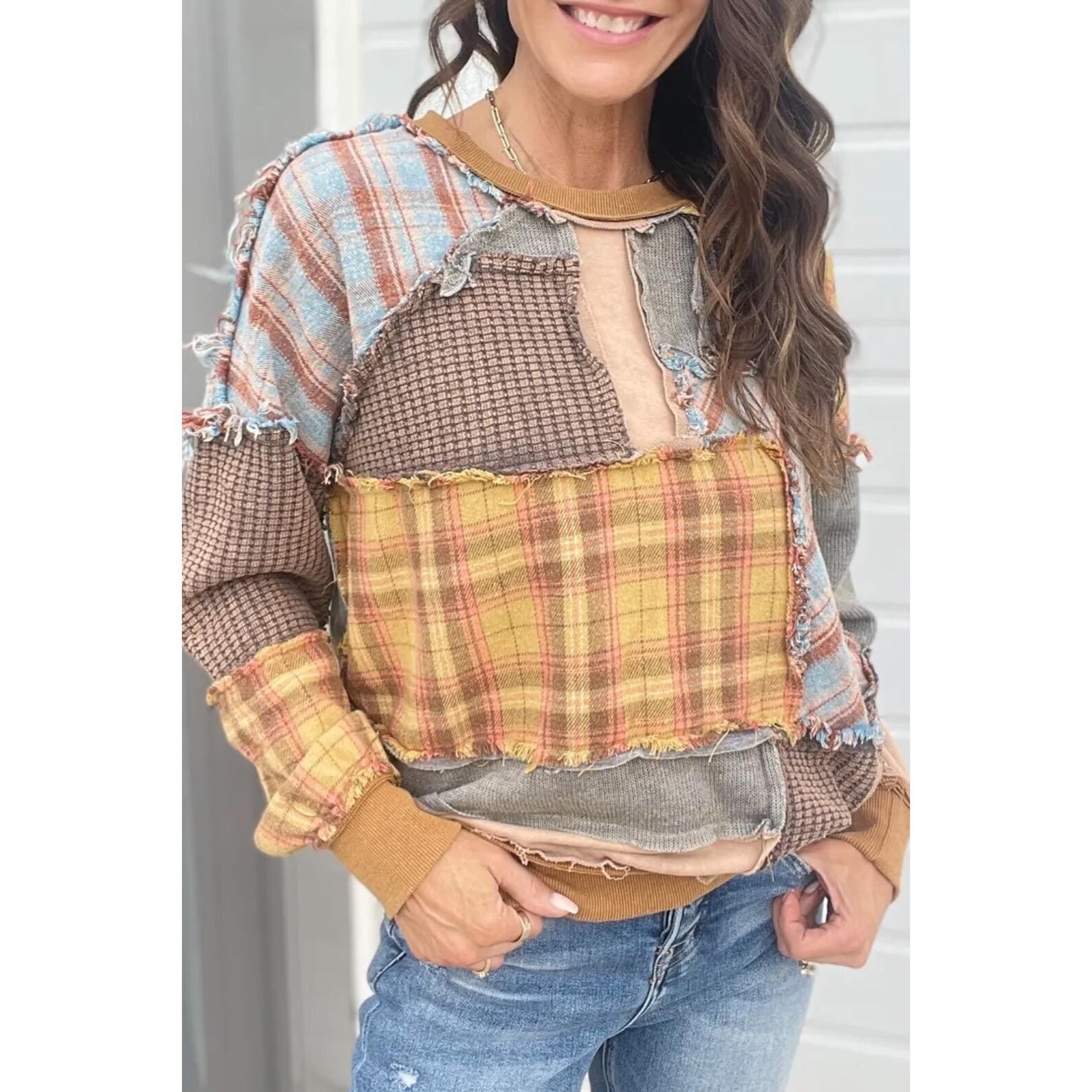 All in Washed Plaid Mixed Patchwork Long Sleeve Pullover Pockets ...