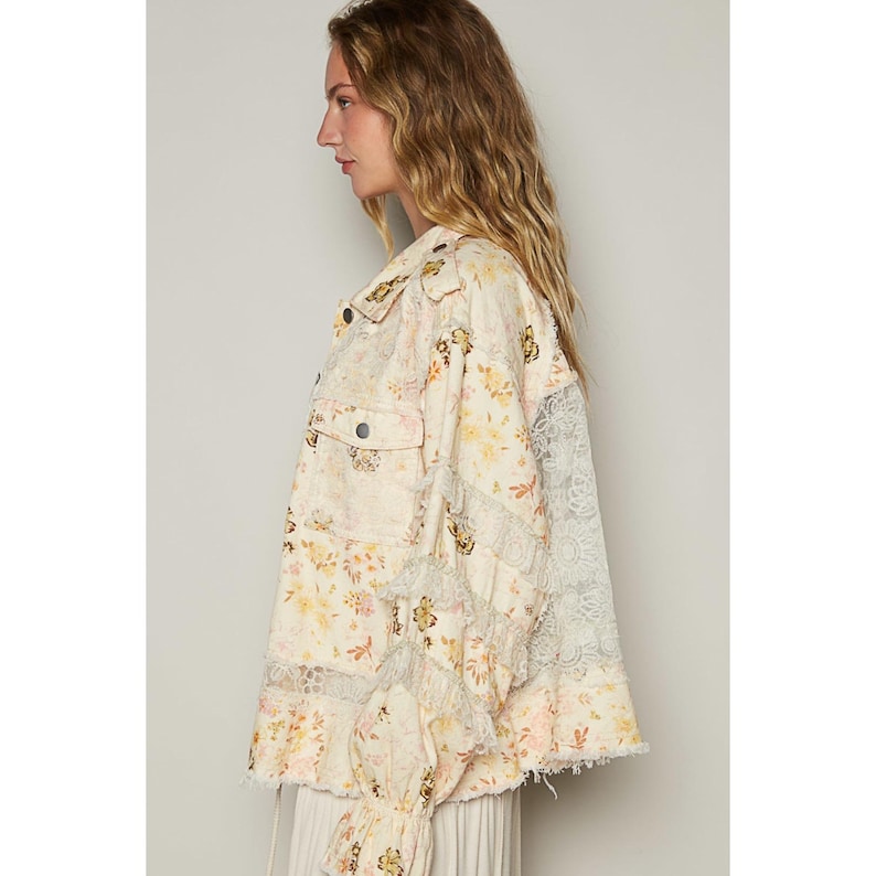 Double Take Floral Print Cotton Jacket With Lace in Natural Flower Boho ...