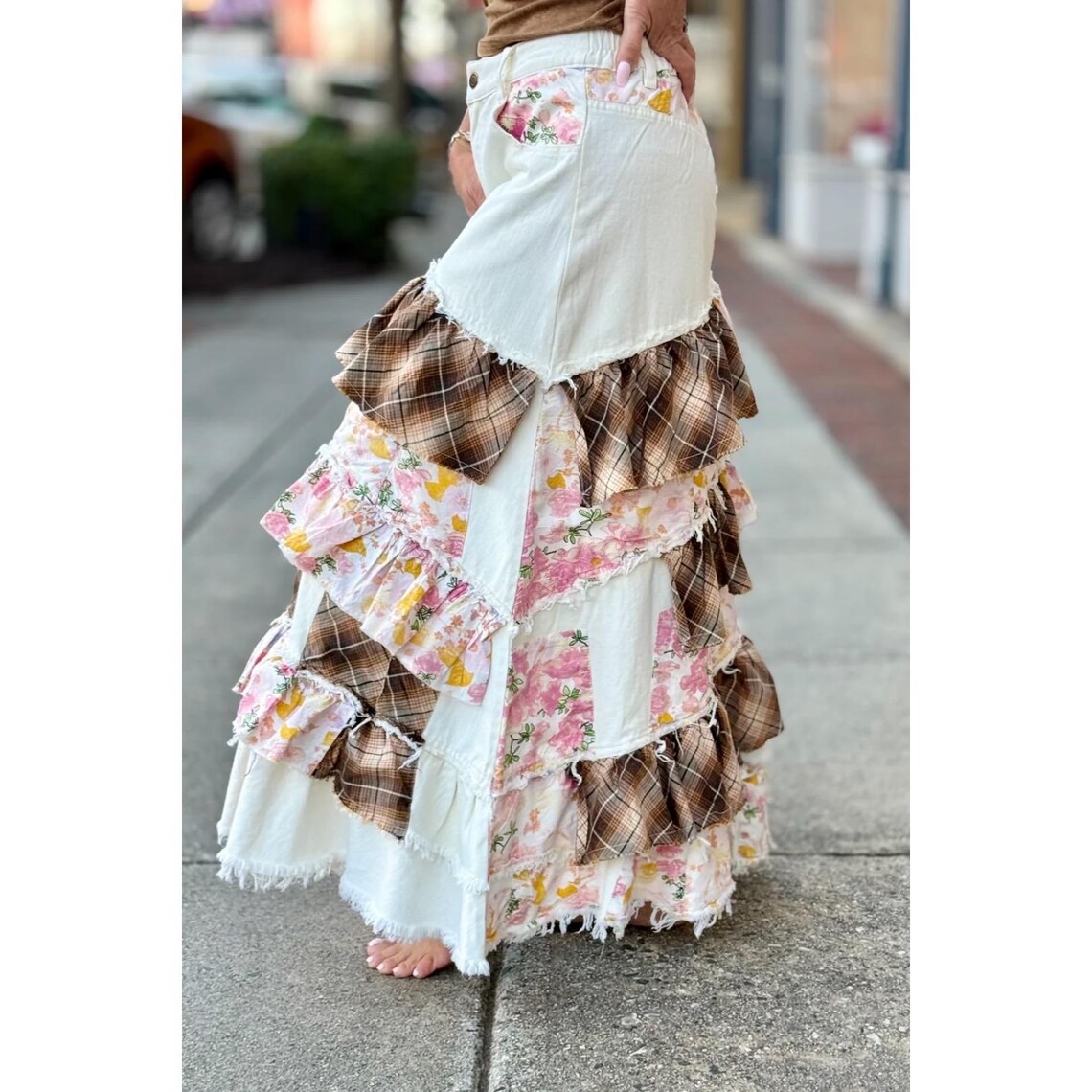 Summer Solstice Floral Plaid Patchwork Ruffled Denim Maxi in Ivory Pink ...