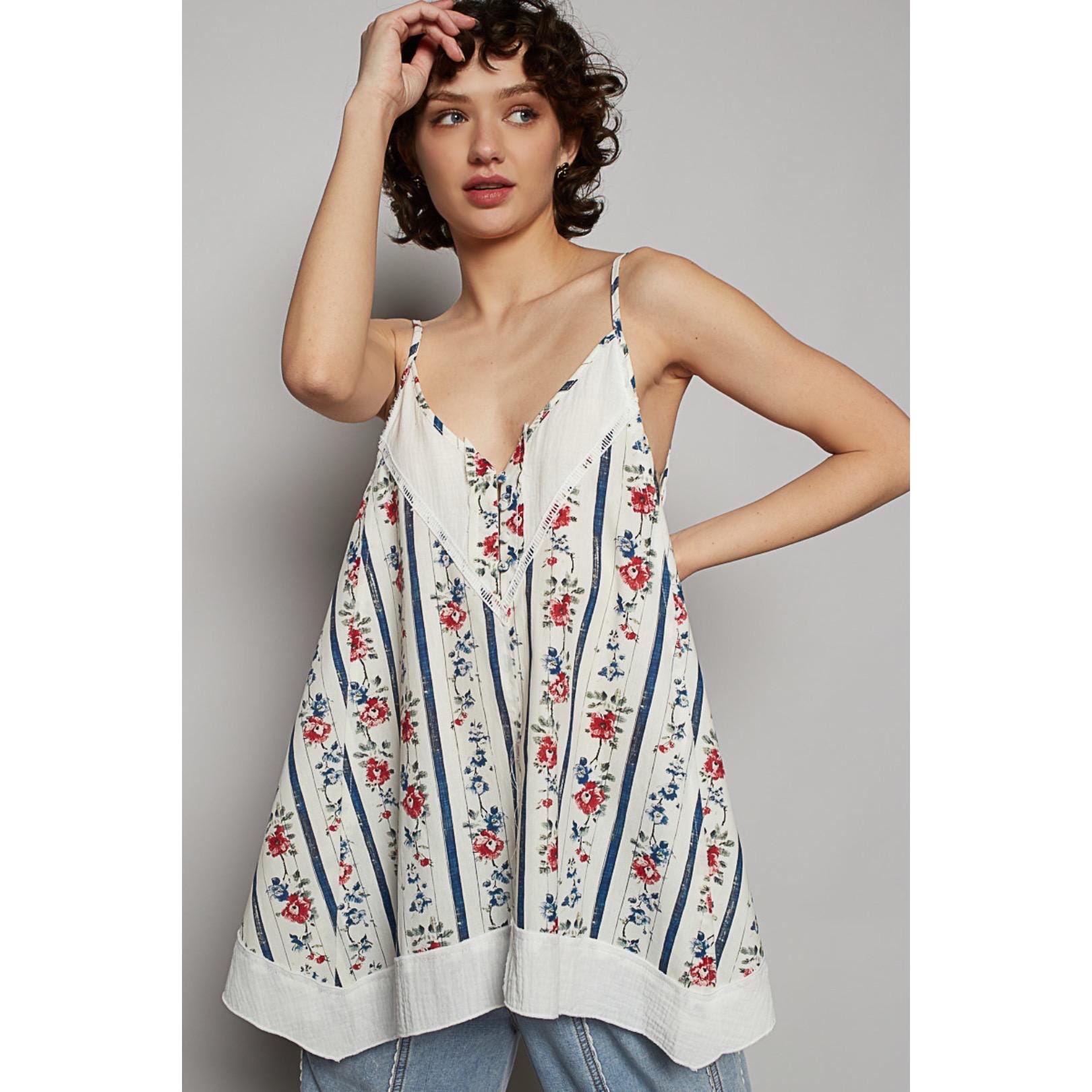 Ever After Floral Stripe V Neck Spaghetti Strap Top in Ivory Boho Chic ...