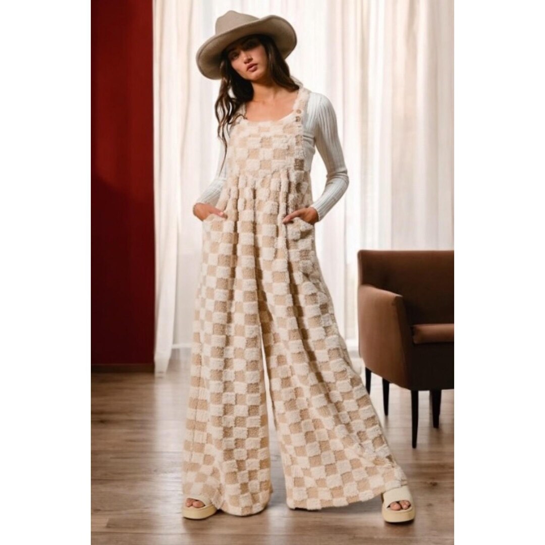 Cuddled ‘N Cozy Checker Patterned Wide Leg SHERPA Overalls in Ivory ...