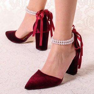 Block Heel Wedding BURGUNDY Shoes, Handmade Burgundy Heels, Bridal ...