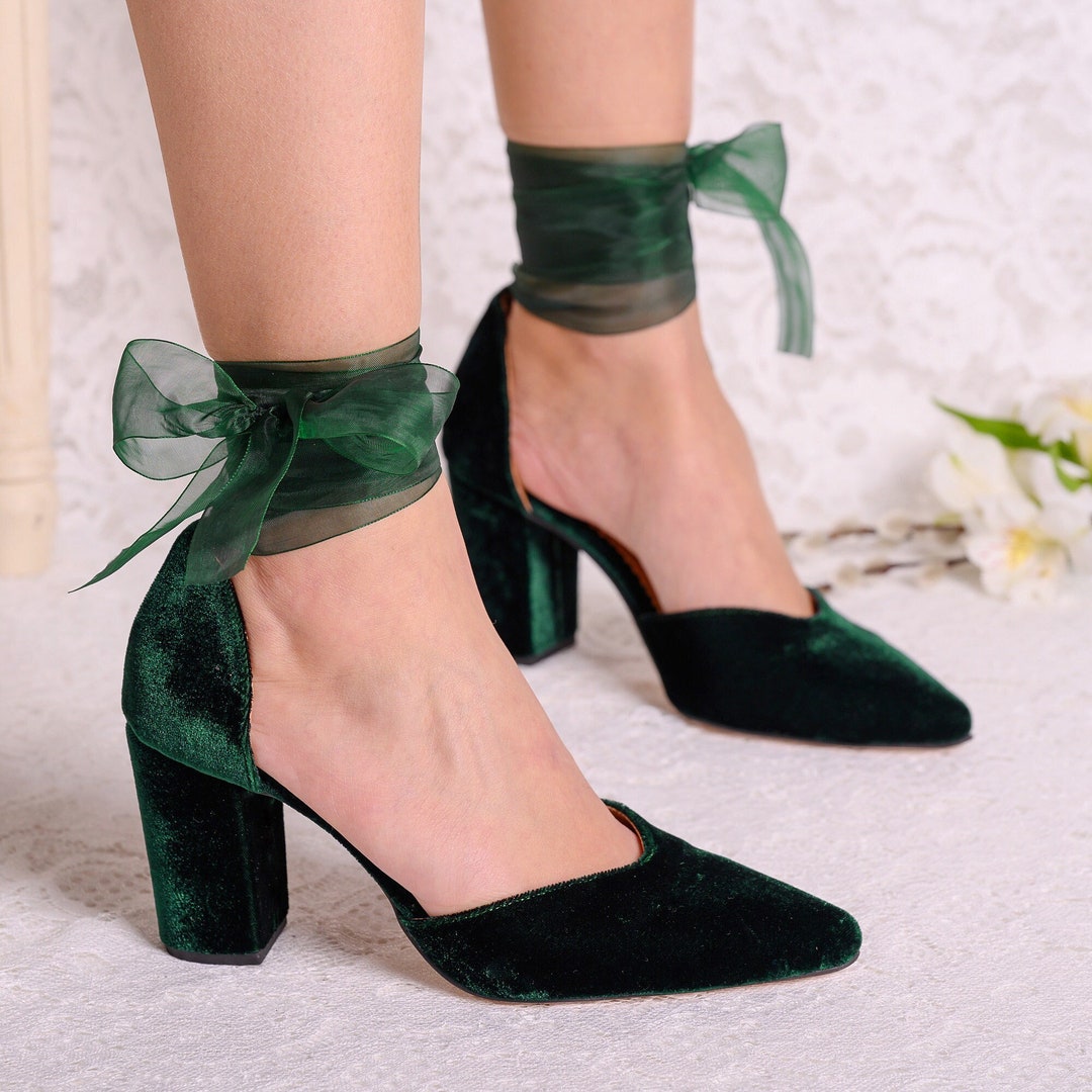 DARK GREEN Wedding Shoes, Green Velvet Block Heels, Bridal Shoes ...
