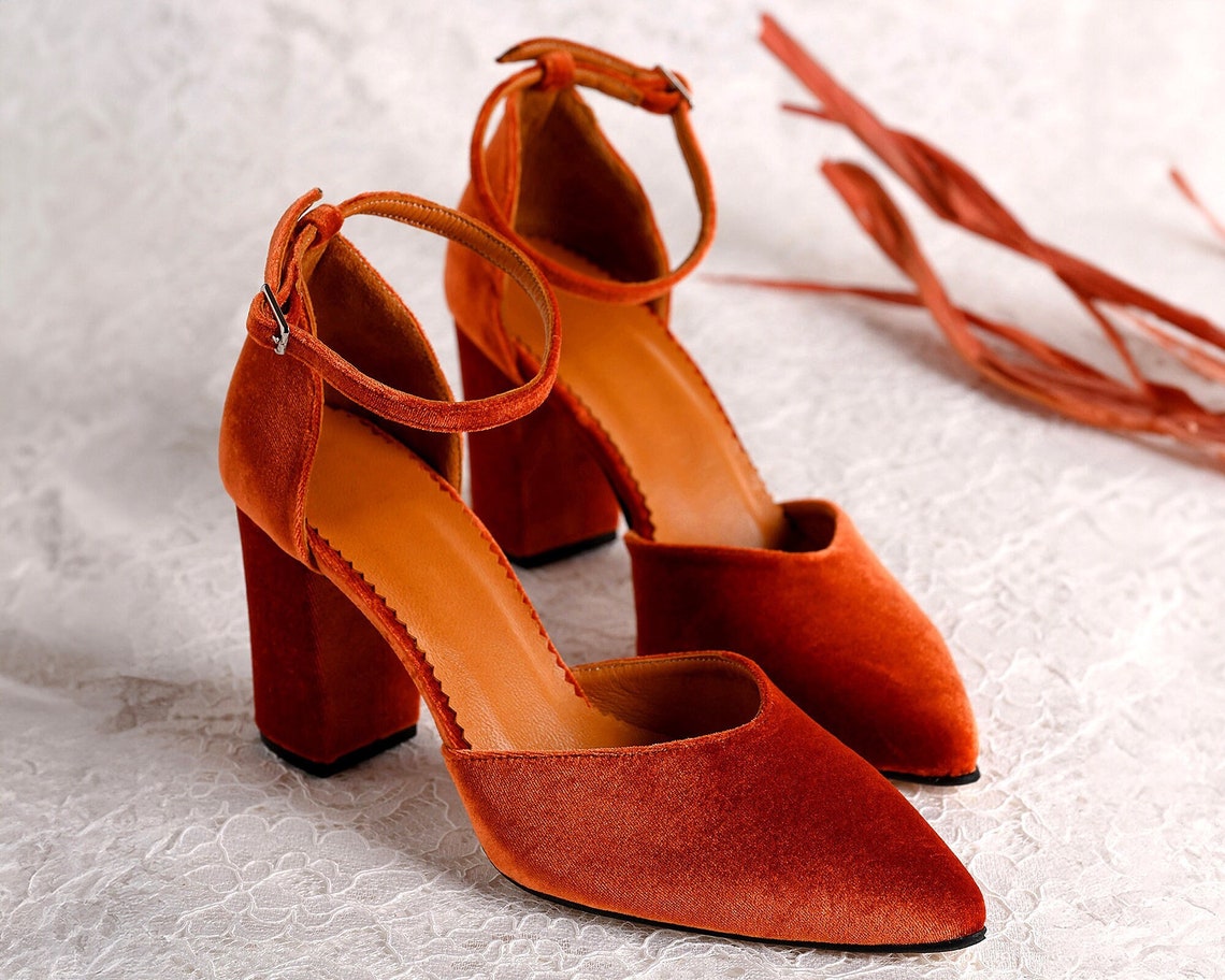 Block Heel BURNT ORANGE Wedding Shoes, Handmade Orange Heels, Bridal ...