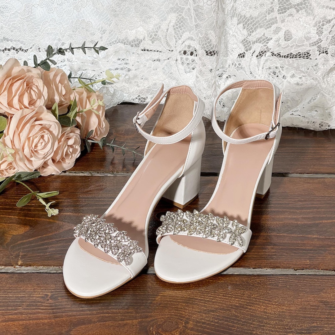 SALE Last Size Women's Block Heel Wedding Shoes, Leather Bridal Shoes ...