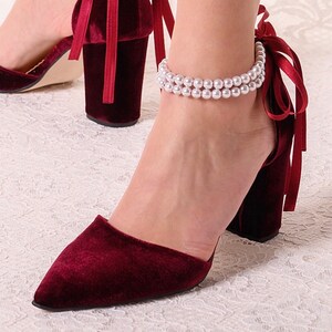 Block Heel Wedding BURGUNDY Shoes, Handmade Burgundy Heels, Bridal ...