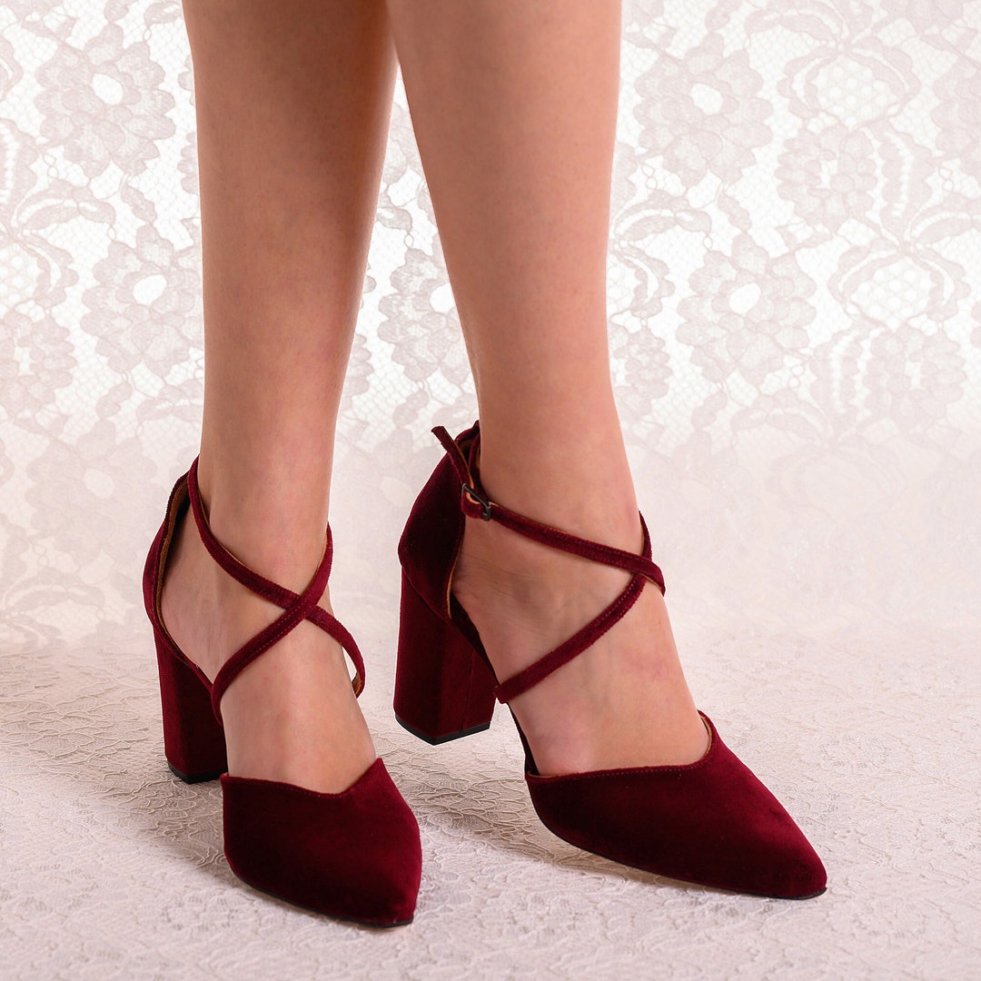 Block Heel BURGUNDY Wedding Shoes, Handmade Burgundy Heels, Bridal ...