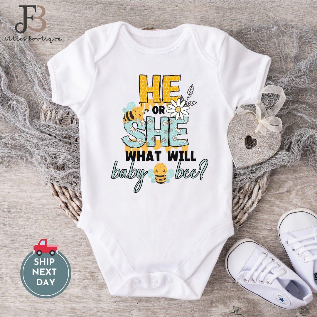 Bee Gender Reveal Baby Onesie, He or She Bodysuit - Etsy