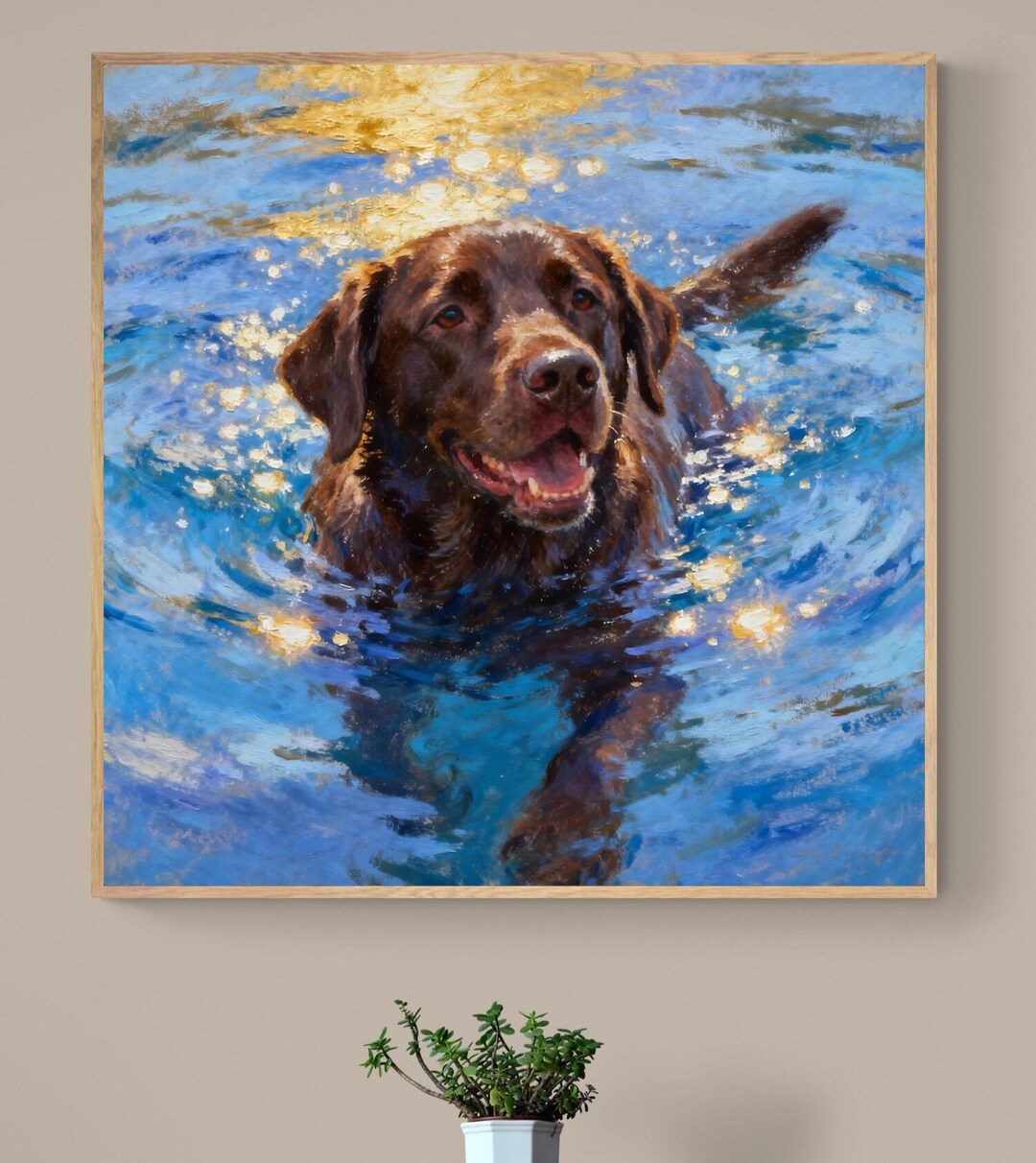 Chocolate Lab Swimming Art Print - Oil Pastel Painting, Framed or ...