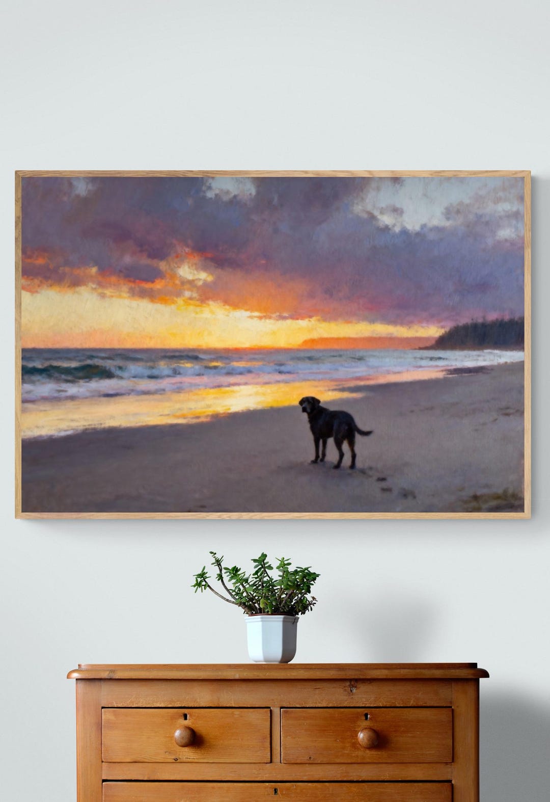 Black Labrador Beach Art Print – Coastal Sunset Dog Painting, Framed or ...