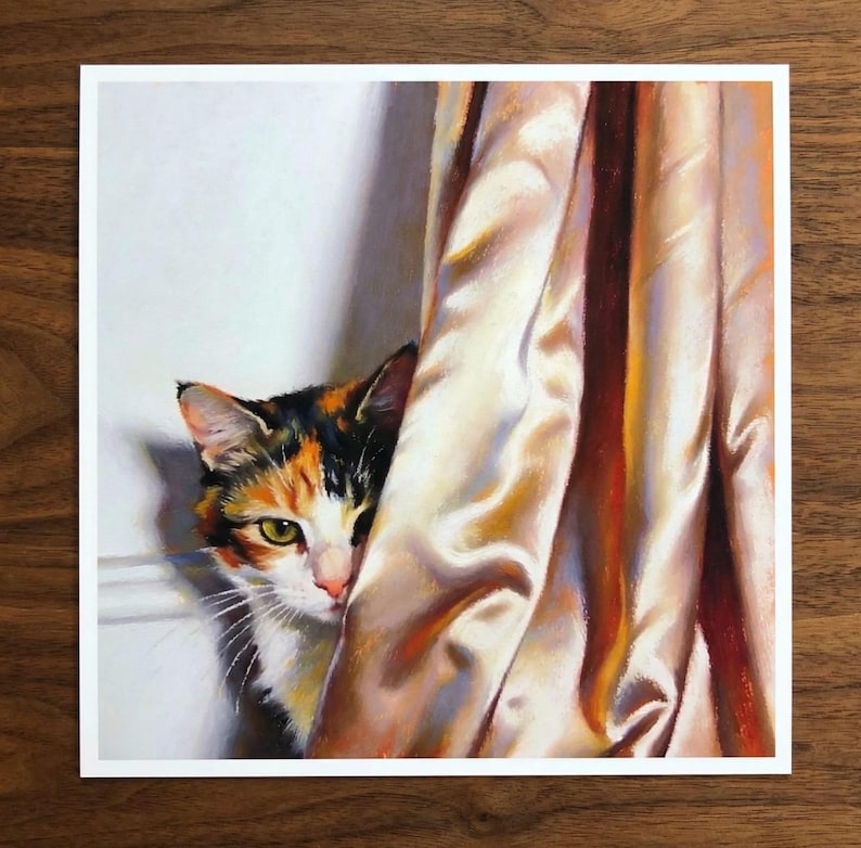 Calico Cat Art Print – Oil Pastel Portrait, Framed or Canvas Wall Decor ...