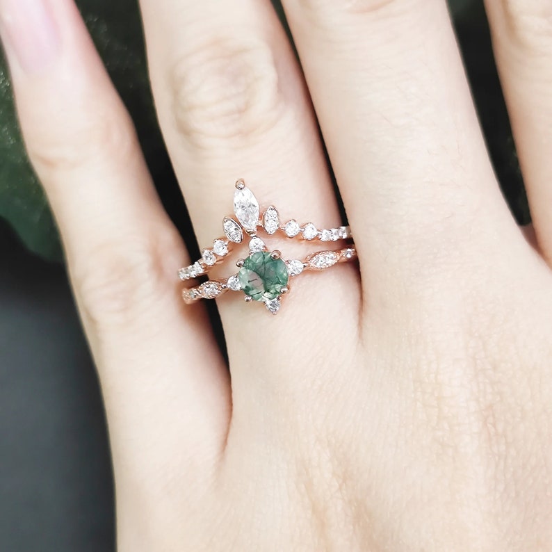 Stainless Steel Rings For Women Green Moss Agate Ring Round Shaped With ...