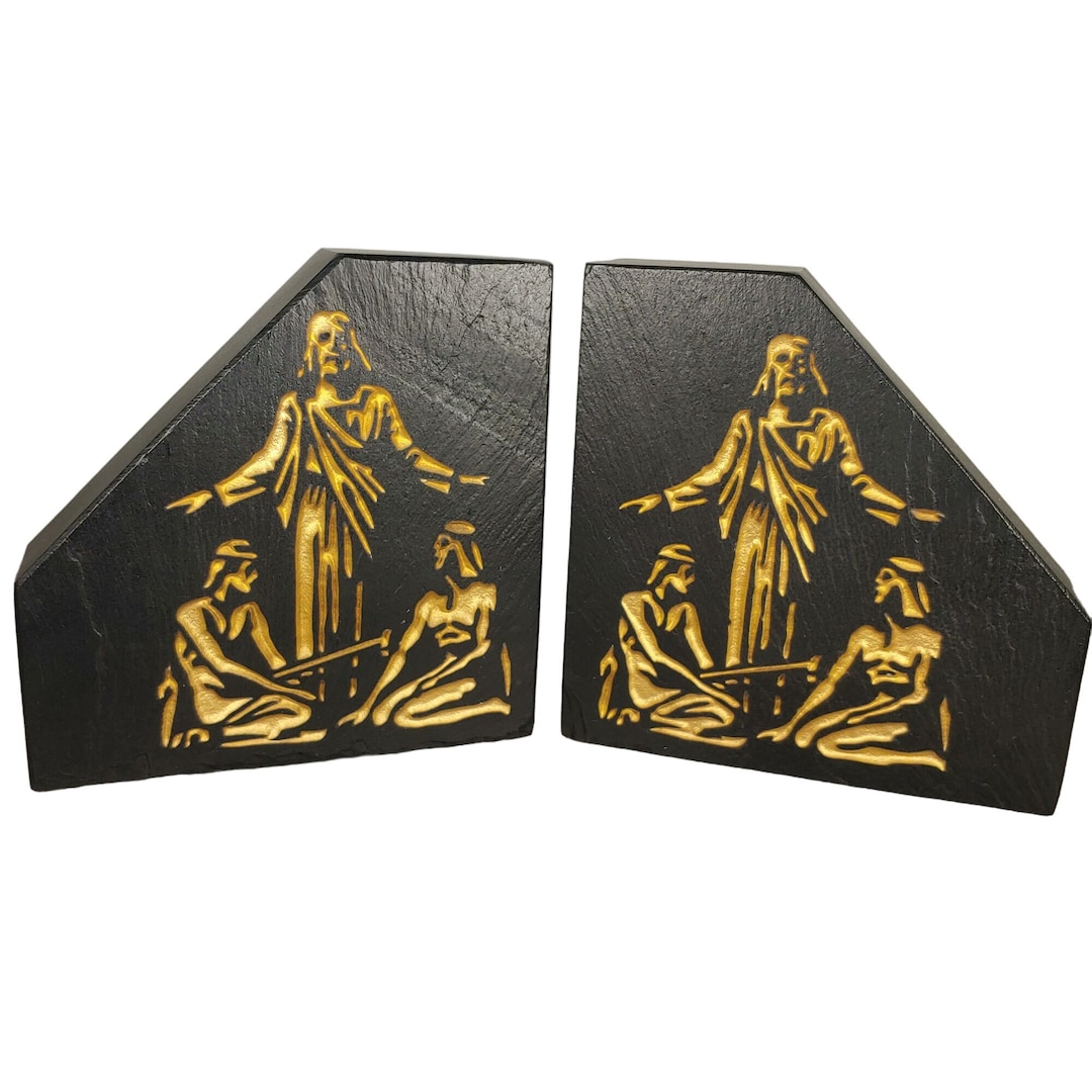 Black Hand Painted Slate Sone Bookends With Gold Carved Religious Jesus ...