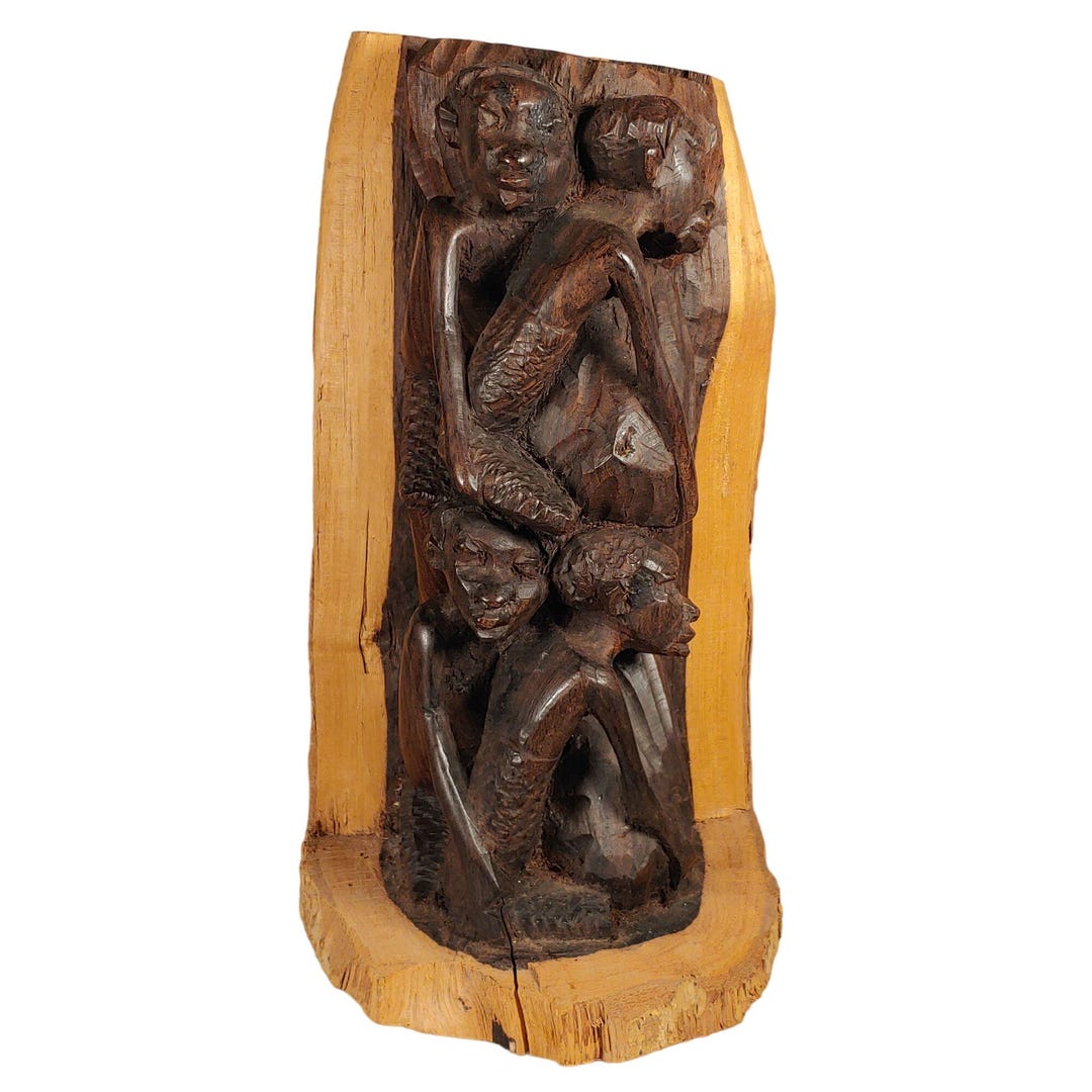 African Hand-carved Cedar Wooden Sculpture of Embracing Figures 9"t X 4 ...
