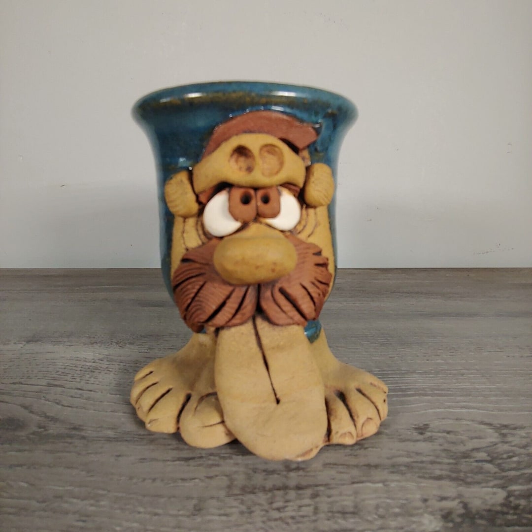 Vintage Funny Face 3D Folk Art Pottery Mug Coffee Brown Sculpted Heavy ...