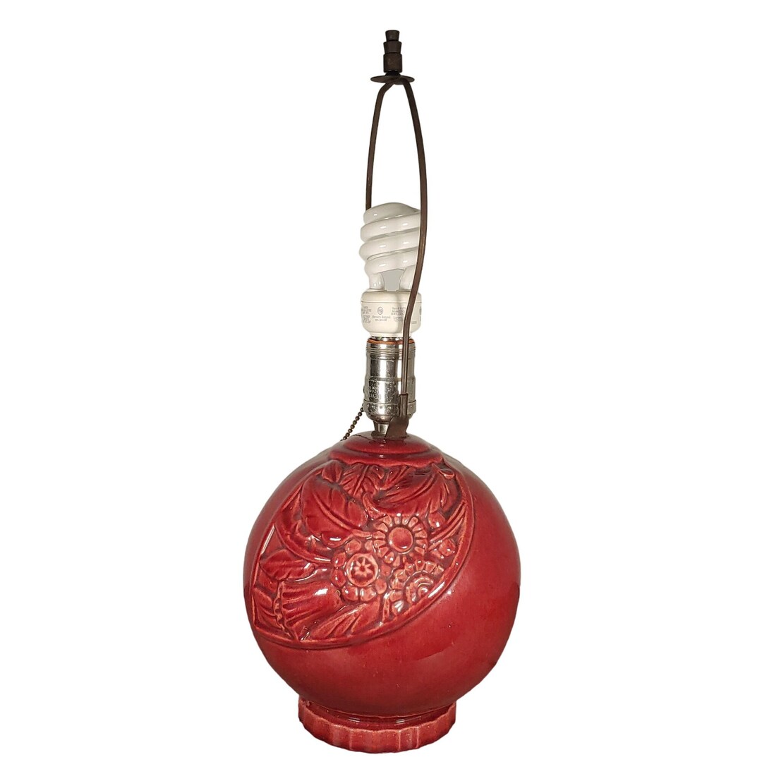 Vintage Red Ceramic Floral Design Round Table Lamp Art Deco 1950's 16 ...