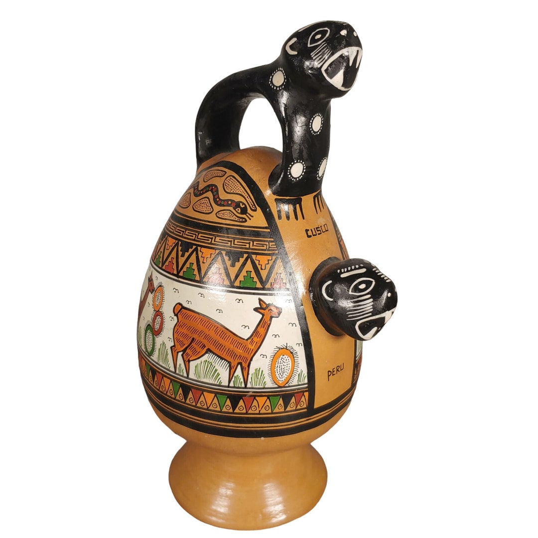 Vintage Cusco Peru Art Pottery Chicha Jaguar Llama Jug Pitchers Hand ...