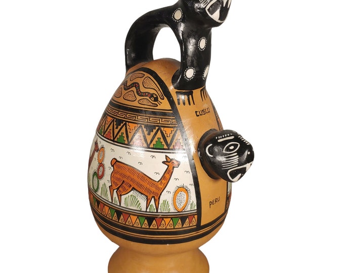 Vintage Cusco Peru Art Pottery Chicha Jaguar Llama Jug Pitchers Hand ...