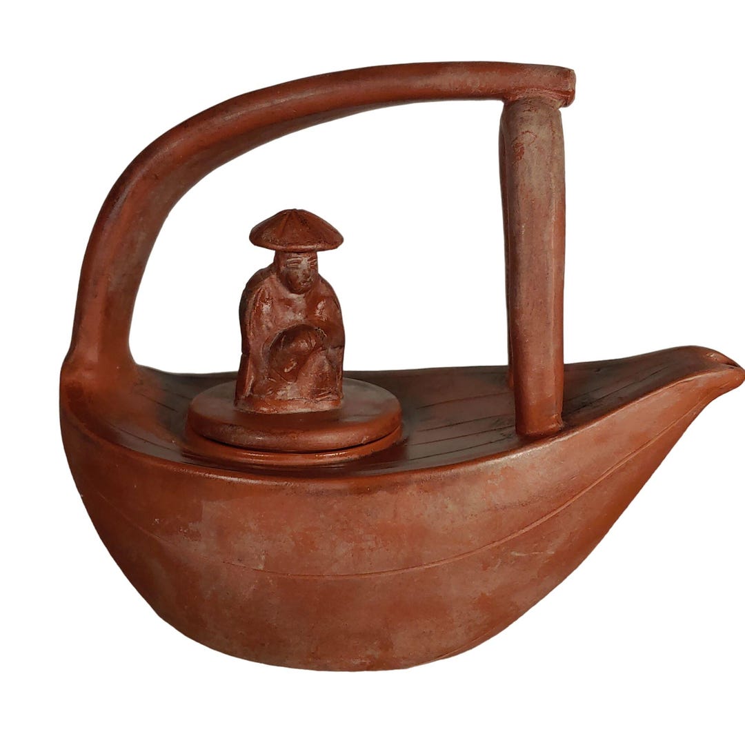 Vintage Antique Chinese Clay Boat Teapot Pottery With Monk Lid Bottom ...