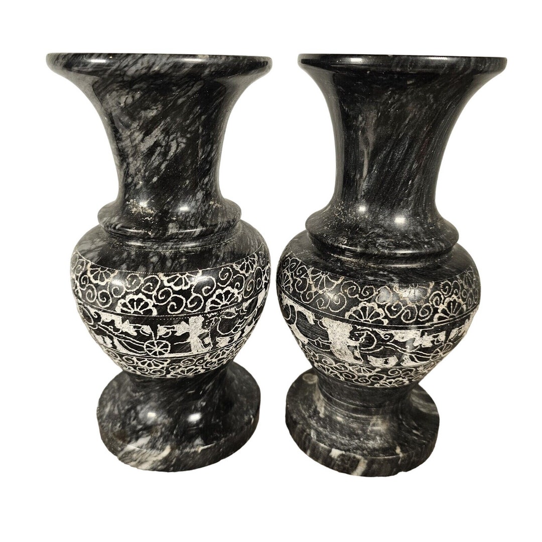 Vintage Black Marble Stone Vase Hand Etched Greek Chariots 8" T Set of 2 Heavy - Etsy