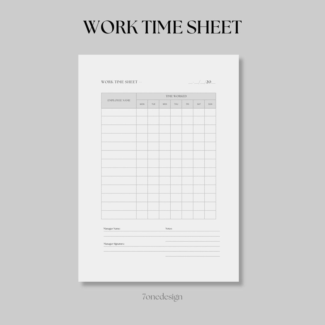 Minimal Work Time Sheet Employee Sheet Work Planner Digital Planner ...