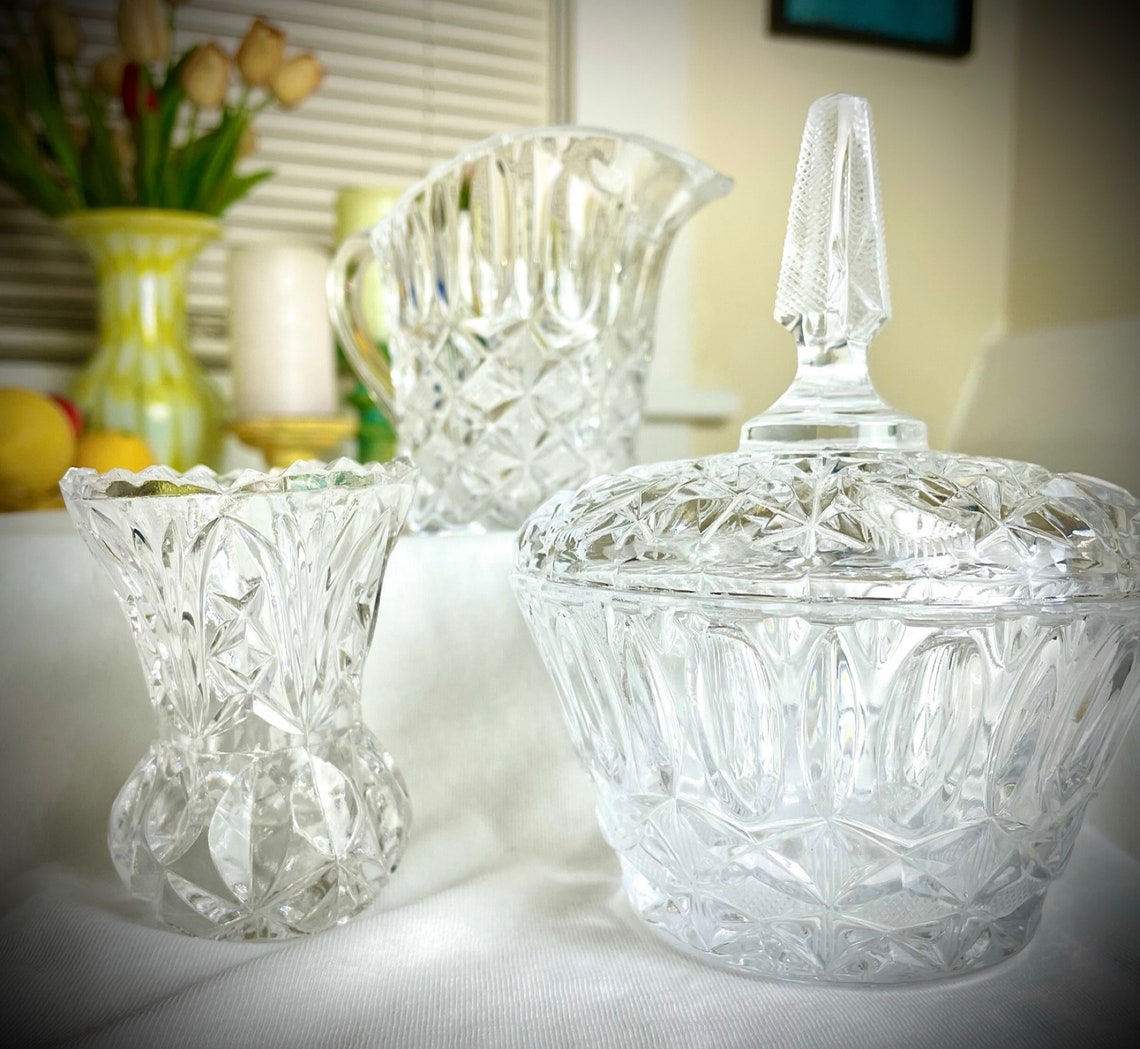 Vintage Starburst Crystal Sugar and Creamer Dish With Matching ...