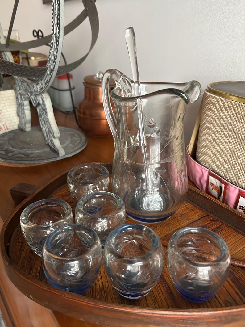 Vintage Etched Glass Sake / Bar Set With Blue Accents. - Etsy