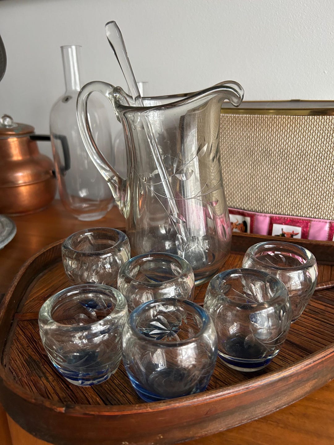 Vintage Etched Glass Sake / Bar Set With Blue Accents. - Etsy
