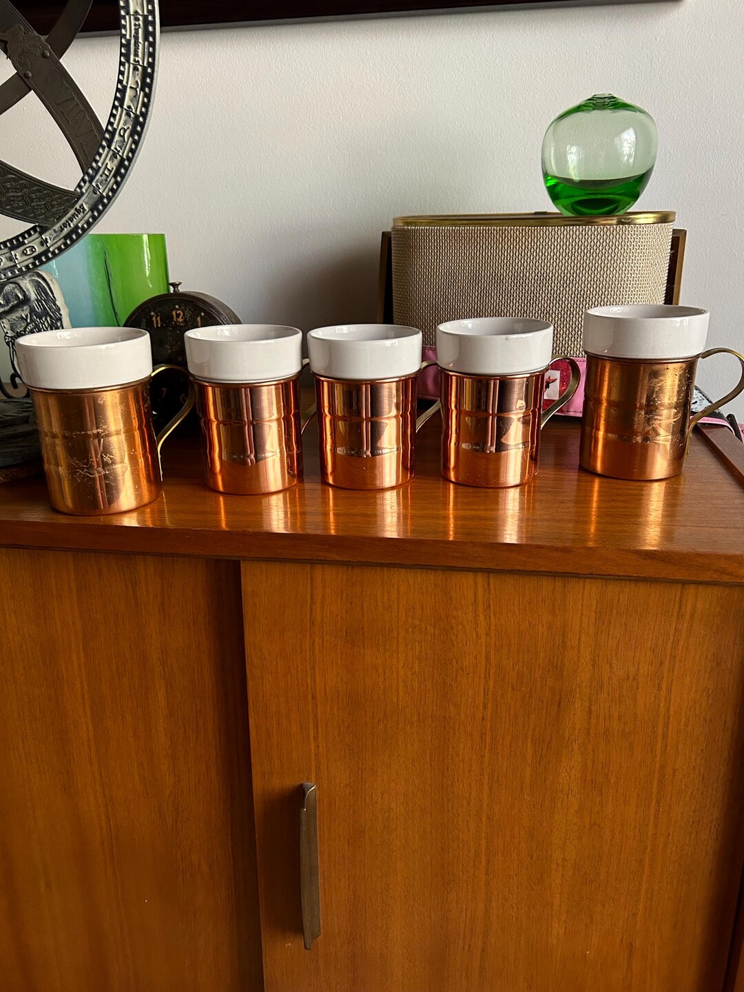 VTG 60s MCM Copper Ceramic Coffee Tea Mugs Set 5 Rustic Farmhouse ...