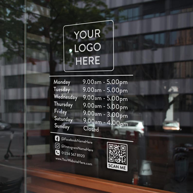 Opening Hours With QR Code, Business Hours Vinyl Decal, Store Hours ...