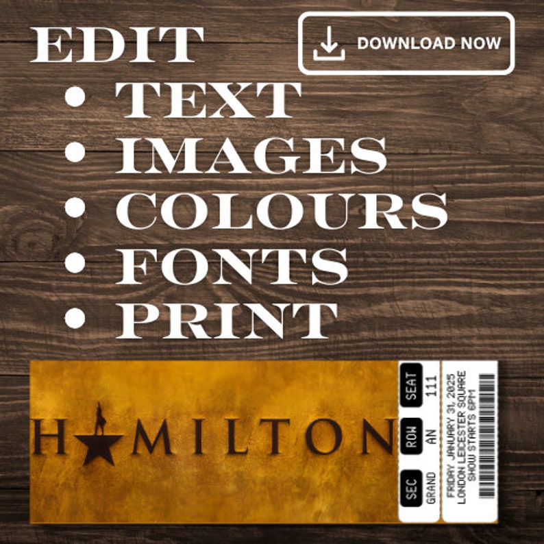 Printable Hamilton Musical Theatre Ticket, Personalized Gift Reveal,editable West End, Broadway ...