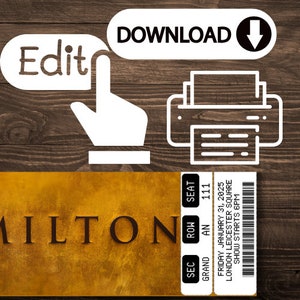 Printable Hamilton Musical Theatre Ticket, Personalized Gift Reveal,editable West End, Broadway ...