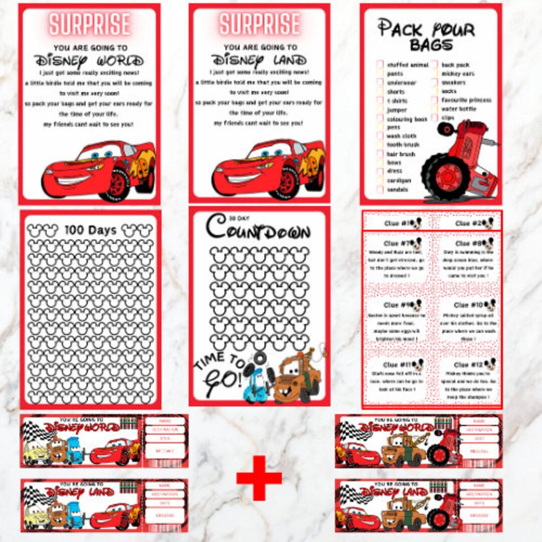 Cars Theme Park Trip Reveal Bundle, Scavenger Hunt, Tickets, Letters ...