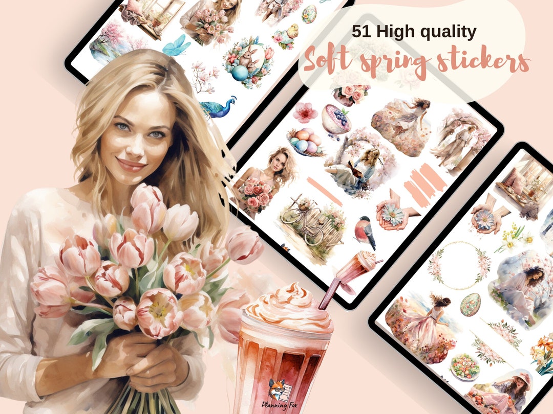 Spring Digital Stickers, Pastel Color March Goodnotes Stickers, Season ...