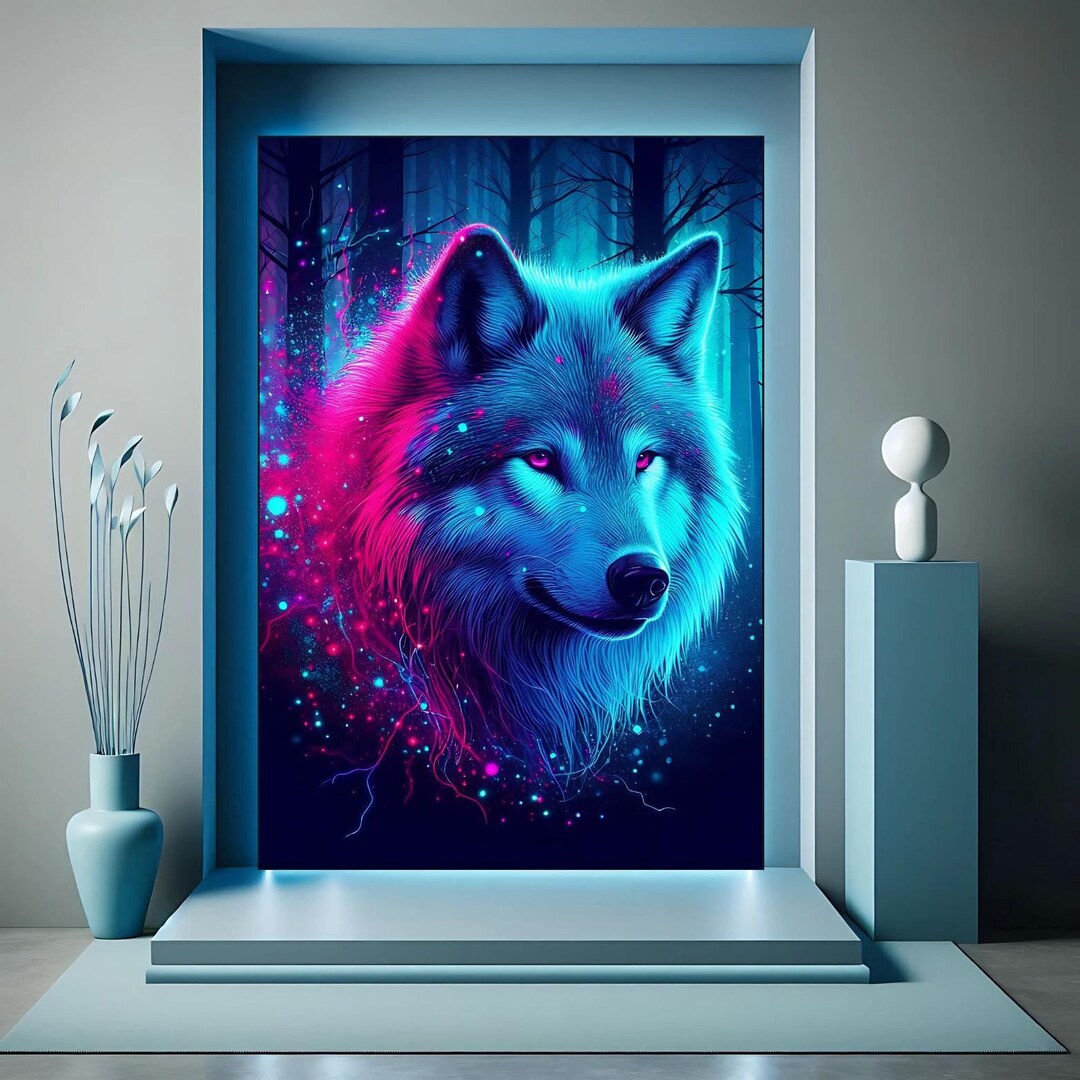 Mystical Forest Neon Spirit Wolf Aluminum Metal Print, Vibrant Fantasy ...