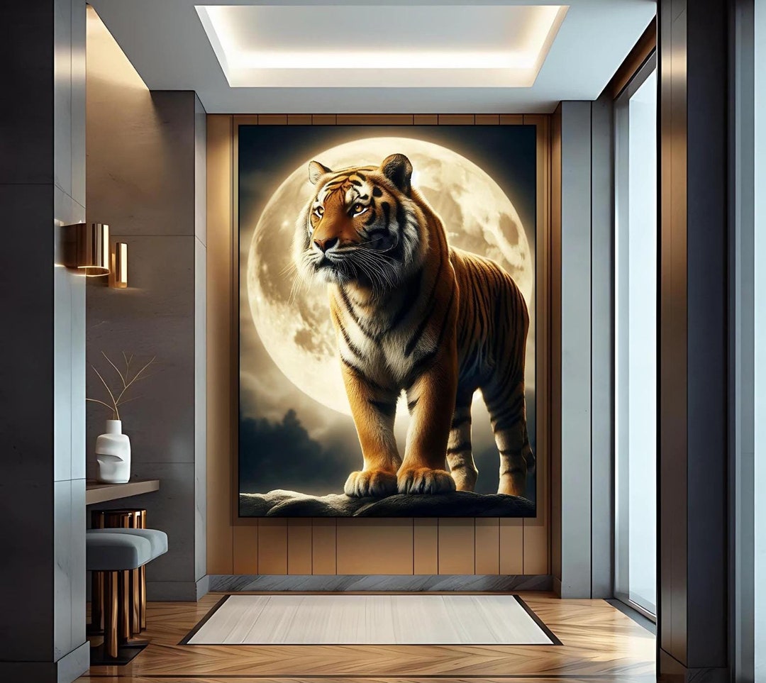 Tiger Full Moon Scene Modern Home Decor, Wild Predator Night Silhouette ...