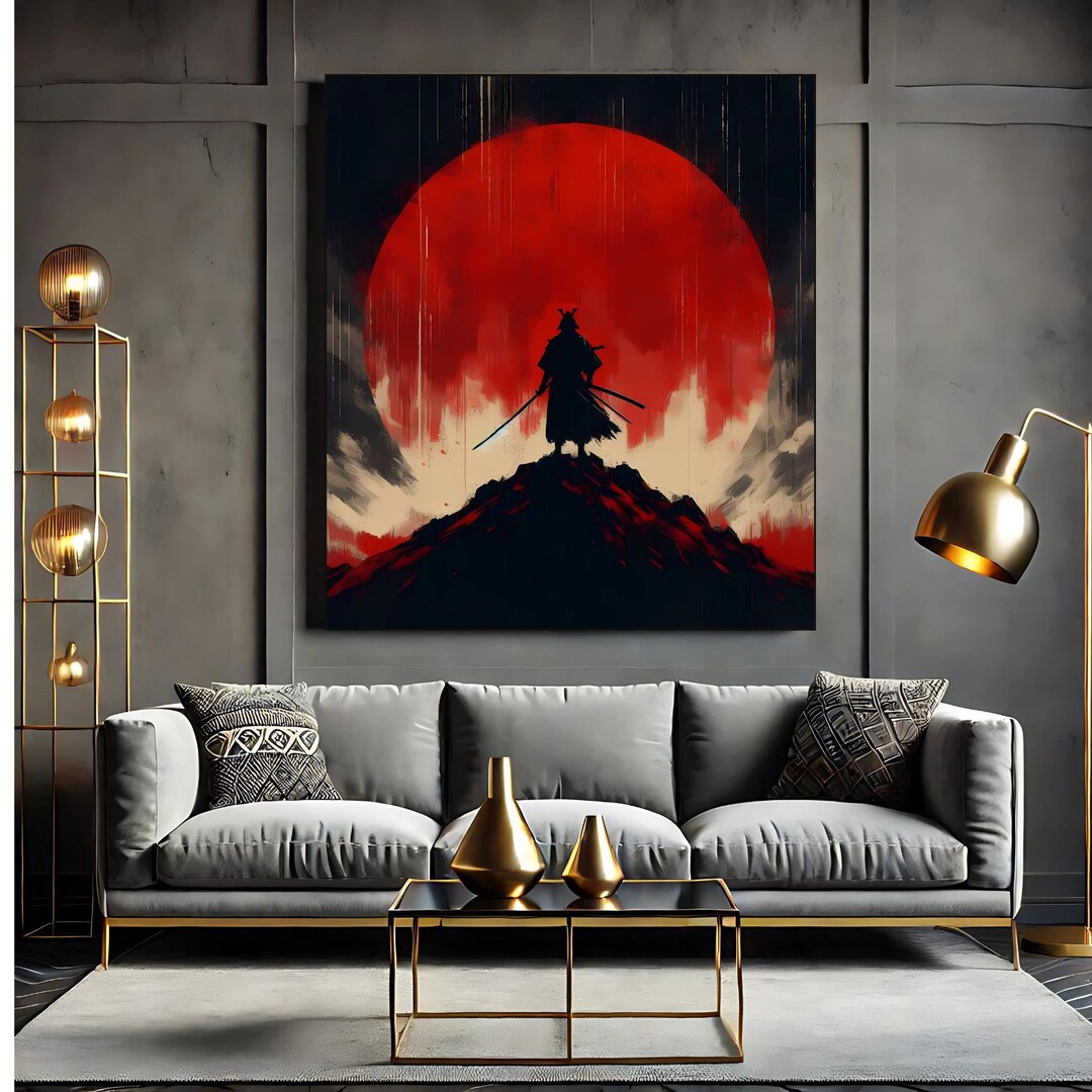 Red Sun Samurai Silhouette Aluminum Metal Print, Oriental Abstract ...